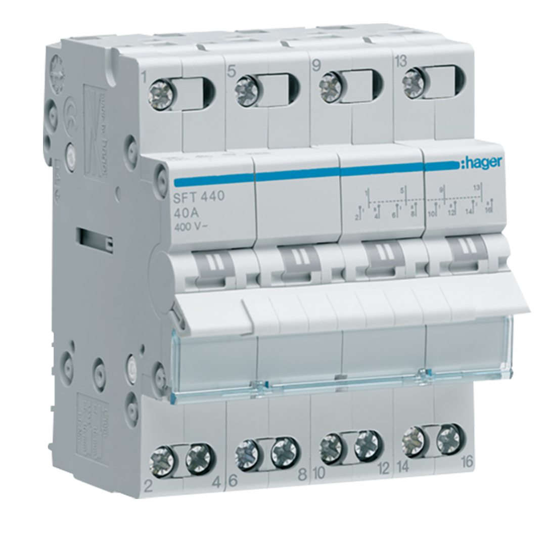 Hager Centre off changeover switch, on - off - on, 4-pole, 40A